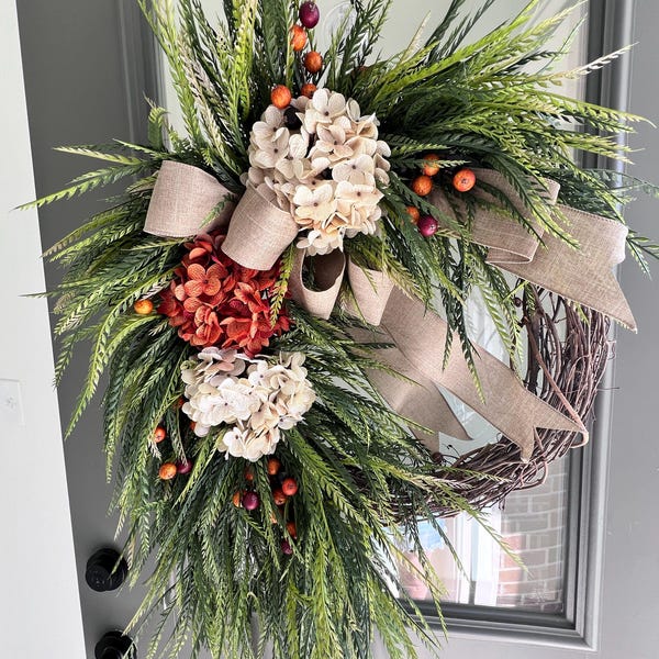 Extra Large 32x26 Fall Greenery Wreath With Pumpkin Orange and Creamy ...