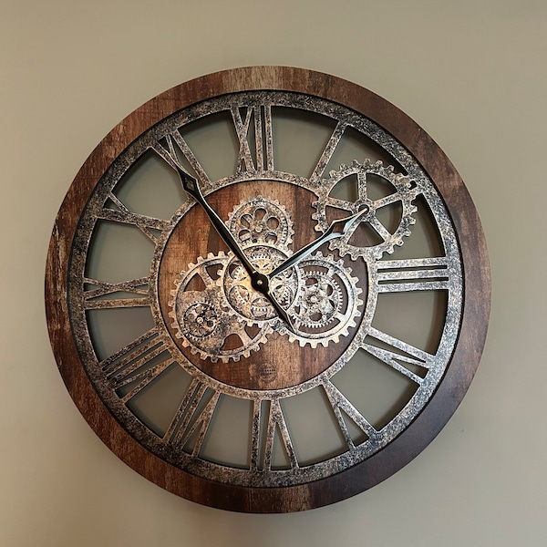 Wall Clock 24 Inches With Real Moving Gears Vintage Brown - Etsy