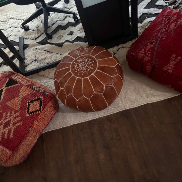 Moroccan Leather Pouf Ottoman, Handmade Genuine Leather Floor Cushion ...