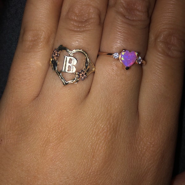 10K Gold Flower Heart Initial Ring, A-Z, Yellow White Rose Gold Letter ...