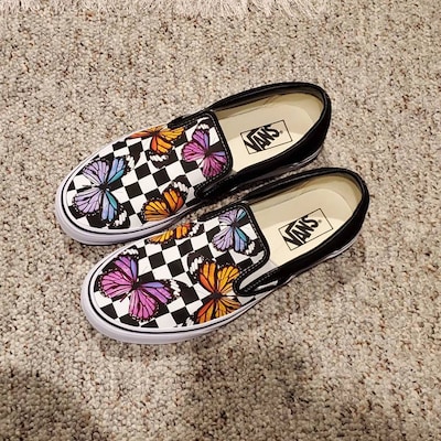Checkerboard Colorful Monarch Butterfly Custom Vans Brand Slip-on Shoes ...