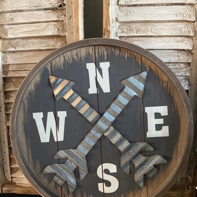 Distressed Wood Compass Wall Signs,wooden Round Compassn,s,e,w Wall ...