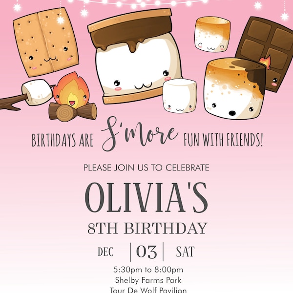 S'mores Invitation, EDITABLE TEMPLATE, Cute Kawaii Smore Birthday Party ...