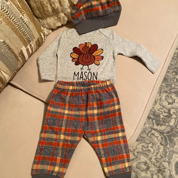 Boy Thanksgiving Outfit Personalized Scribble Turkey Plaid Knot Hat ...