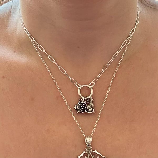 Sterling Silver Carabiner Charm Necklace 1.4mm Dainty Rolo Chain Charm ...