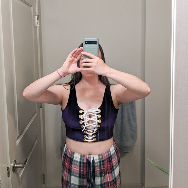 Lace-up Crop Top *purple Crushed Velvet & Rainbow* Corset Top - Rave ...