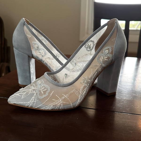 Blue Wedding Pumps With Mid Pointy Heel and Floral Embroidery, Floral ...