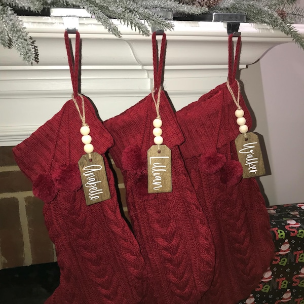 Beaded Wooden Christmas Stocking Name Tag, Personalized Stocking Tag ...