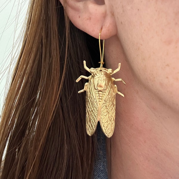 Giant Gold Brass Cicada Earrings, Handmade Insect, Gold Plated Kidney ...