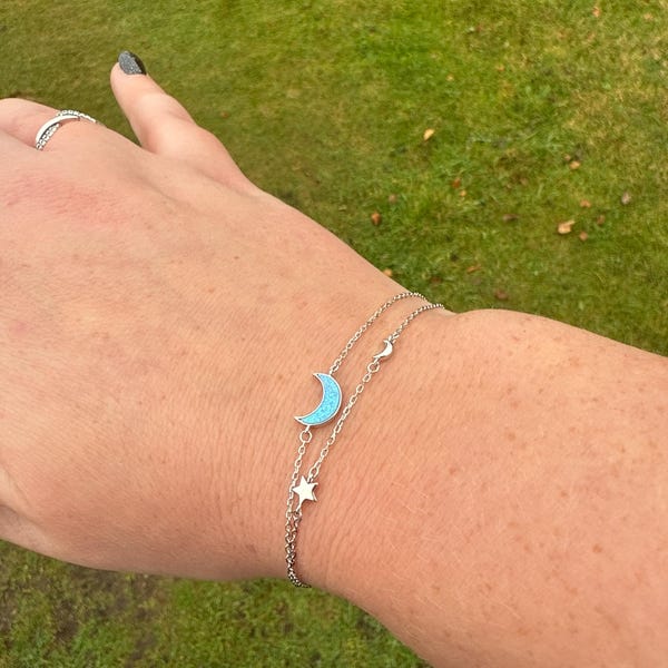 Dainty Opal Moon Bracelet, Crescent Moon and Star Sterling Silver ...