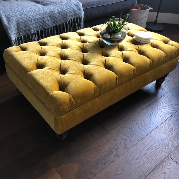 Chesterfield Deep Buttoned Footstool in a Plush Turmeric Velvet With ...