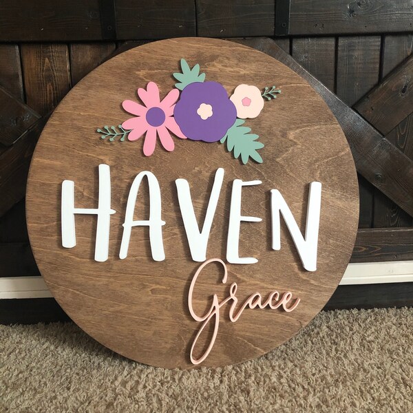 Custom Name Sign | Round Baby Name Sign | Floral Nursery Room Decor ...