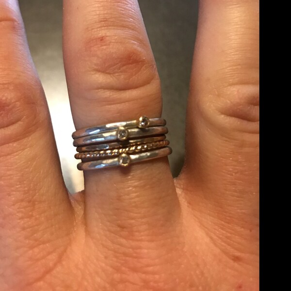 Tiny Diamond Ring Set, SOLID 18k Gold and Silver Stack Rings, Set of 3 Diamond Stack Rings ...