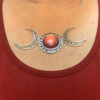 Triple Moon Silver Necklace and Red Hand Painted Cabochon - Etsy