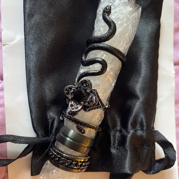 The Gothic Witchcraft 12pc Stacking Ring Set With Black Onyx Wire ...