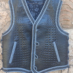 Gator Embossed Leather Vest for Bikers. 100% Handcrafted Vest. Hand ...