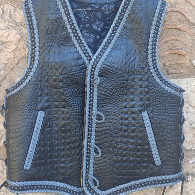 Gator Embossed Leather Vest for Bikers. 100% Handcrafted Vest. Hand ...