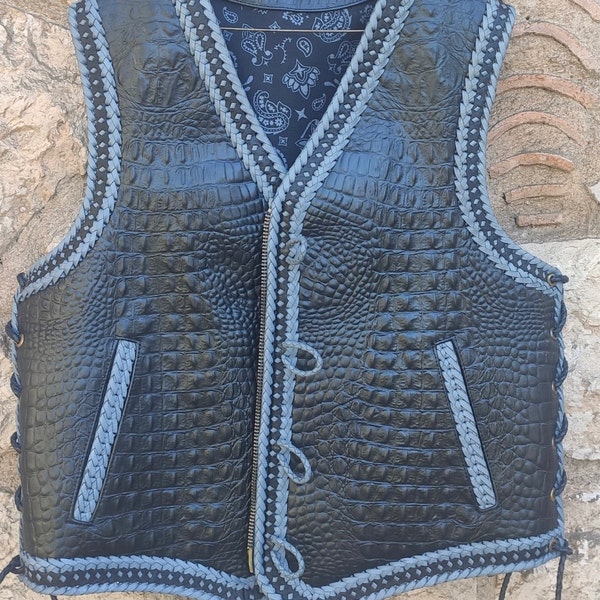 Gator Embossed Leather Vest for Bikers. 100% Handcrafted Vest. Hand ...