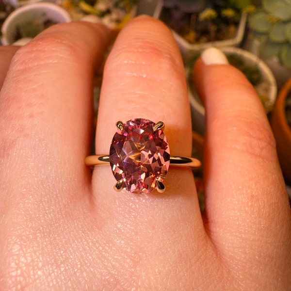 14k Padparadscha Sapphire Ring, Oval Pink Sapphire Ring, Pink Sapphire ...
