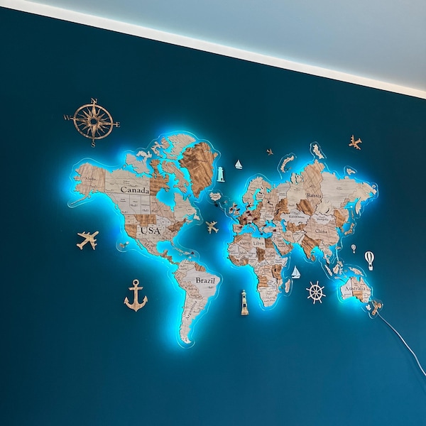 Led 3D Wall Map Art, Led Wall Art, Apartment Decor, World Map With LED ...
