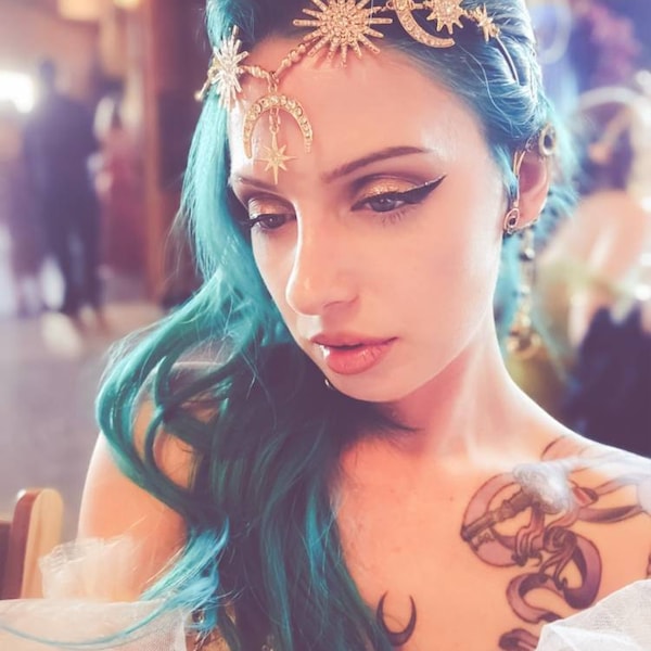 Gold and Crystal Hairpiece, Celestial Tiara, Celestial Back Piece, Boho ...