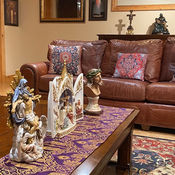 Altar Cloth Catholic Christian Home Prayer Table Runner Blue Metallic ...