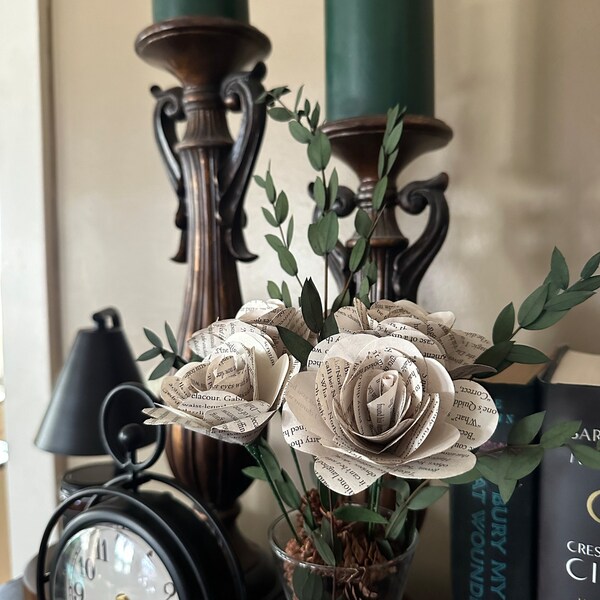 Book Page Roses With Stem, Vintage Paper Flowers, Literary Wedding ...