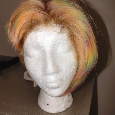 26 Human Hair Lace Front Wig, Half Silver-lilac & Half Vertical Rainbow ...