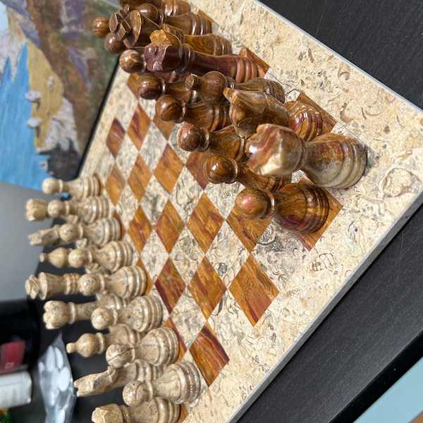 Black and Fossil Coral Chess Set Marble Chess Set Gifts for Him Luxury ...