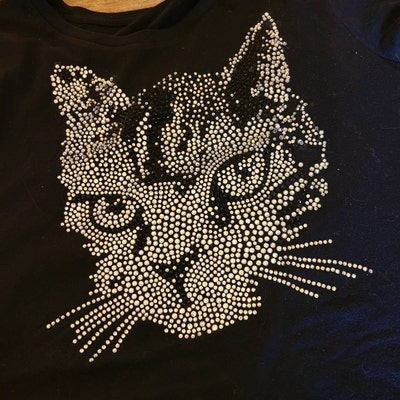 Crystal Cat Iron on Transfer Patch / Iron on Cat Decal / Rhinestone Cat ...