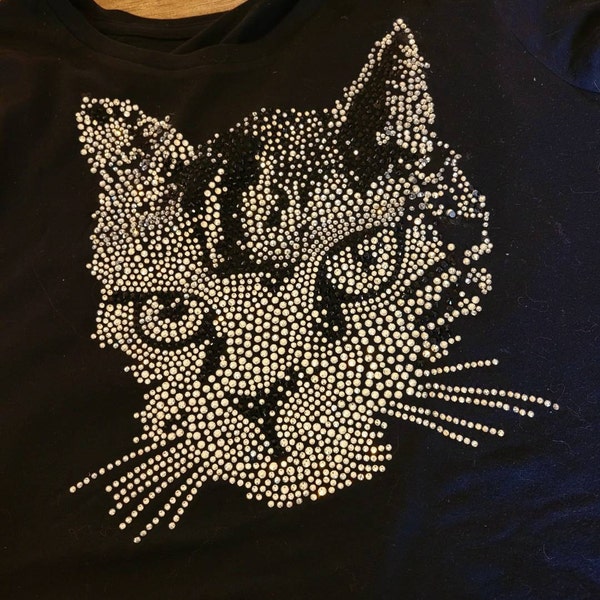 Crystal Cat Iron on Transfer Patch / Iron on Cat Decal / Rhinestone Cat ...