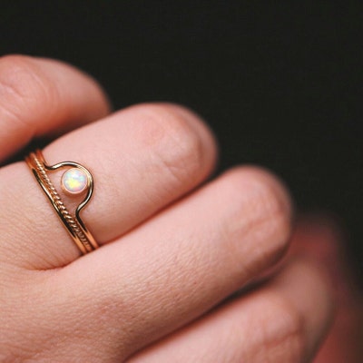 Opal Arch Ring October Birthstone Ring 14k Gold or Silver Modern Stacking Ring Small Round Opal ...