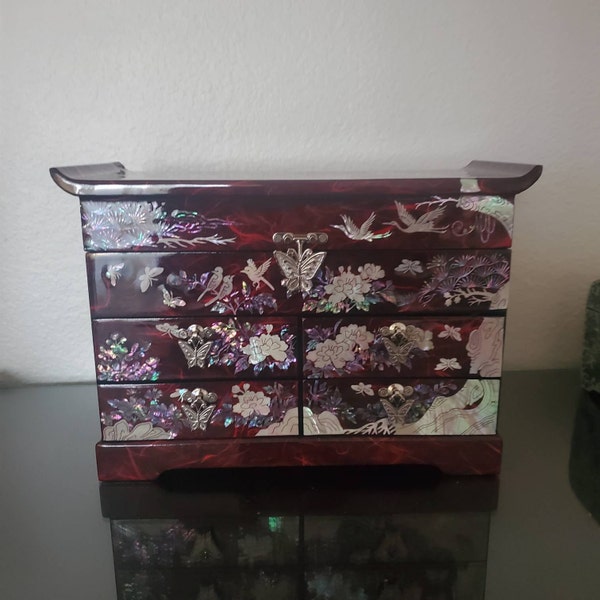 Mother of Pearl Jewelry Keepsake Box Asian Inlay Lacquer Wood Jewelry ...