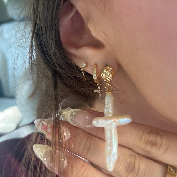 Pearl Cross Earrings | Gold Vermeil Hoop Earrings Freshwater Pearl ...