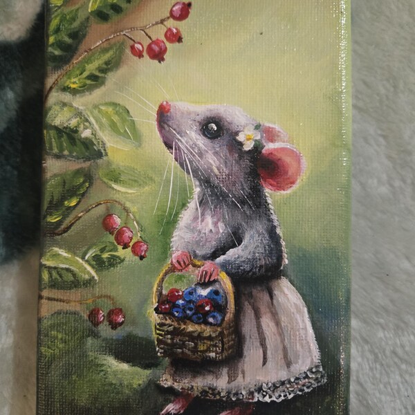 Original Canvas Painting Mouse Reading Book, Rat Mini Painting ...