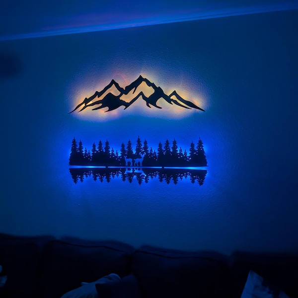 LED Mountain Metal Wall Art / Neon Mountain and Tress Metal Art / Light ...