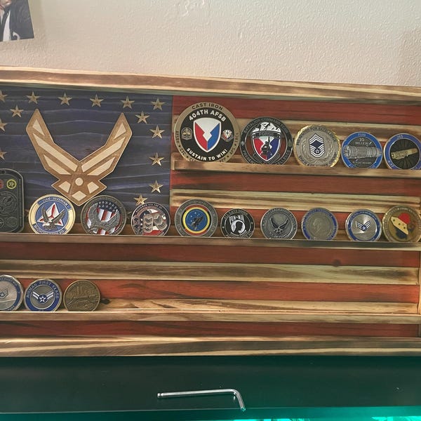 US Air Force Challenge Coin Display Rack Holder - Rustic American Flag ...