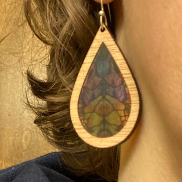 Mosaic Stained Glass Earrings // Teardrop // Wooden // Bright Colorful ...