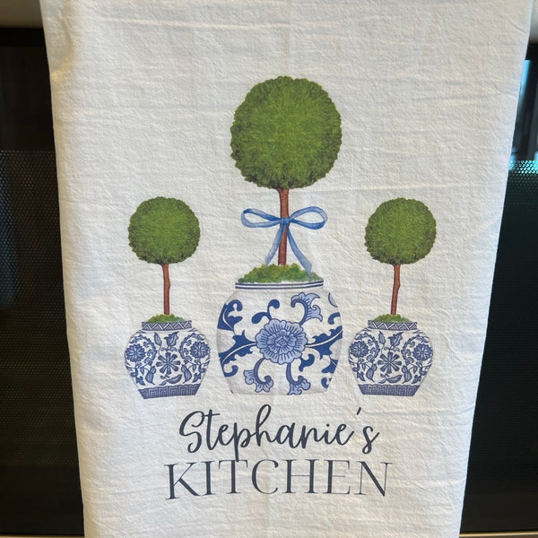 Preppy Monogram Chinoiserie Ginger Jar Tea Towel Personalized Blue ...
