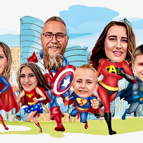 Custom Superhero Family Cartoon Portrait, Family Portrait, Family Gift ...