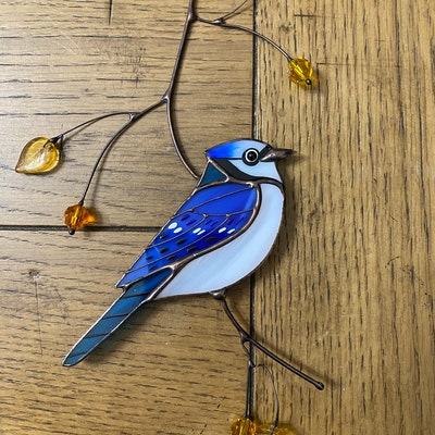 Blue Jay Stained Glass Bird Suncatcher Birthday Gift Blue Jay Feathers ...