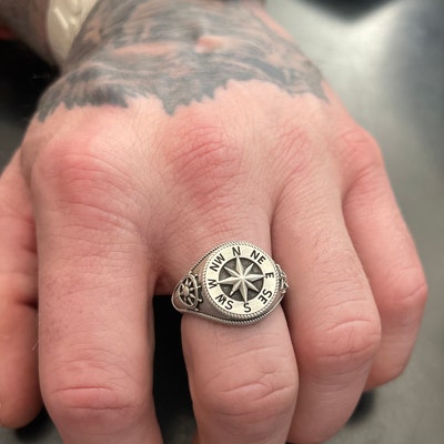 Silver Sailor Man's Compass Ring, Ship Wheel Ring, Anchor Ring ...