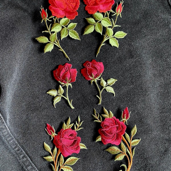 Pair of Red Rose Flower Patches Iron Sew on Clothes Bags Embroidered ...