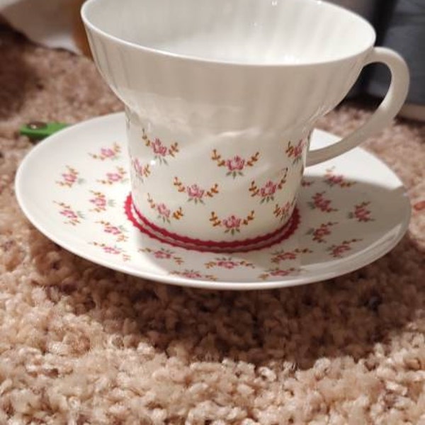 CAULDON Tea Cup and Saucer PINK Rose Swag Embossed Teacup Fancy Handle ...
