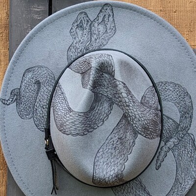 Snake Cowboy Hat, Hand Painted Wide Brim Hat, Burned Fedora, Dark ...
