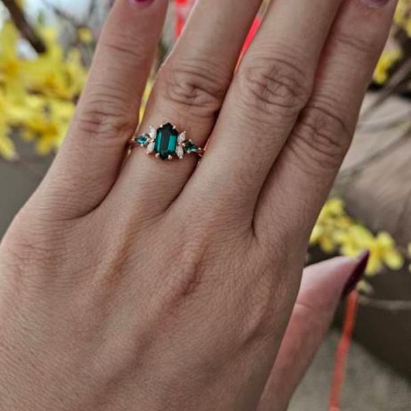 Long Hexagon Lab Created Emerald Engagement Ring Art Deco Emerald 925 ...