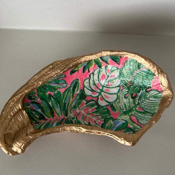 Tropical Plants Oyster Shell Ring Dish, Gold Seashell Decoupage Jewelry ...