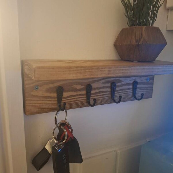 Dark Oak Waxed Wall Mounted Key Holder With Shelf “black Hooks” Key ...