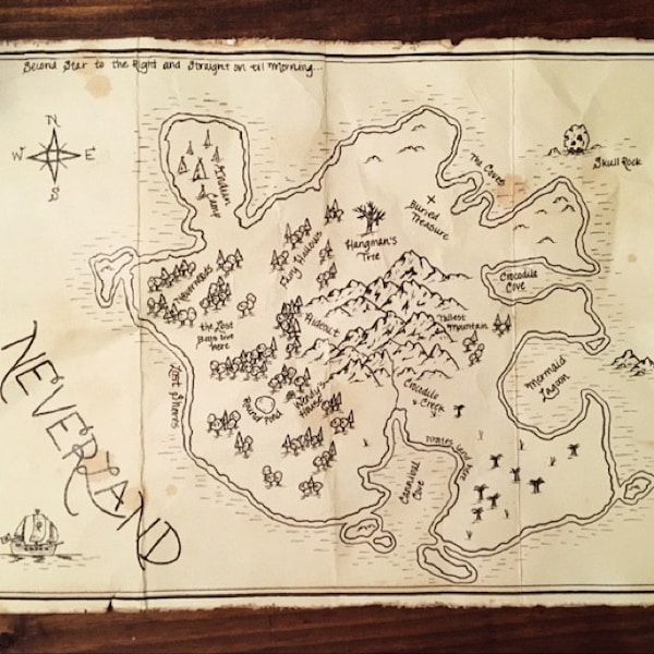 Map of Neverland: Aged, Handmade, Hand Drawn, Authentic Gift, Fantasy ...