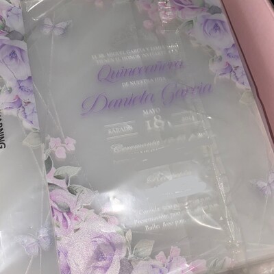 Clear Acrylic Quinceañera Invitations With Pink Flowers Gold Silver ...